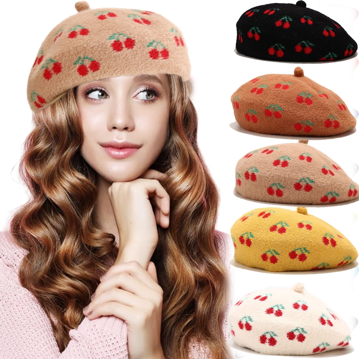 Women French Style Beret Cherry Beret Hats Winter Hats Artist Cap Dress ...