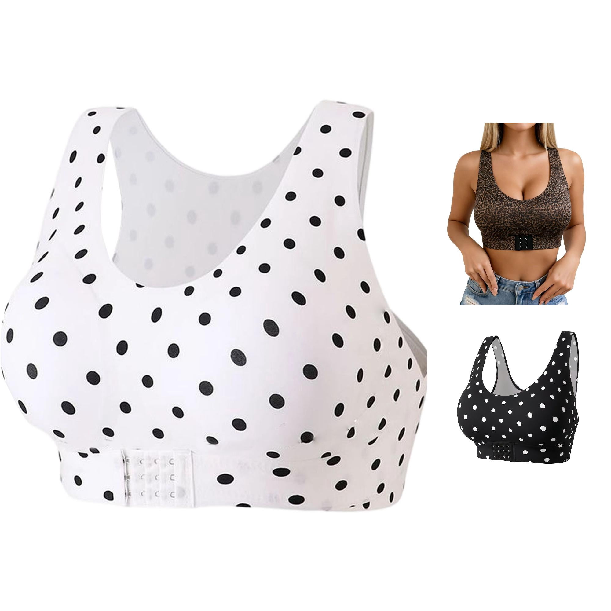Women Front Closure Bra Printed Polka Dot Wide Strap Adjustable Hook ...