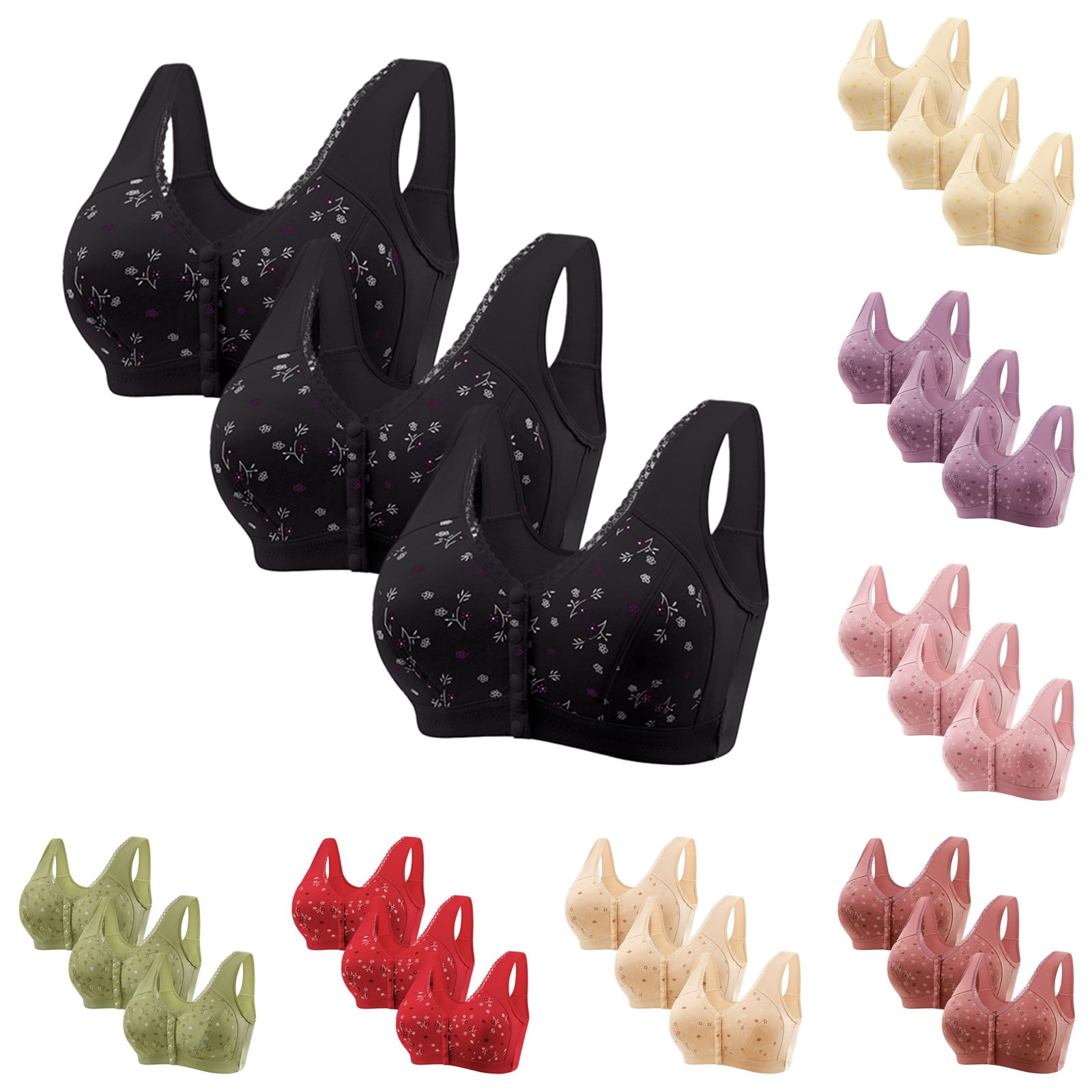 Women Front Closure Wireless Bra 3 Pack Thin Cup Breathable With Lace ...