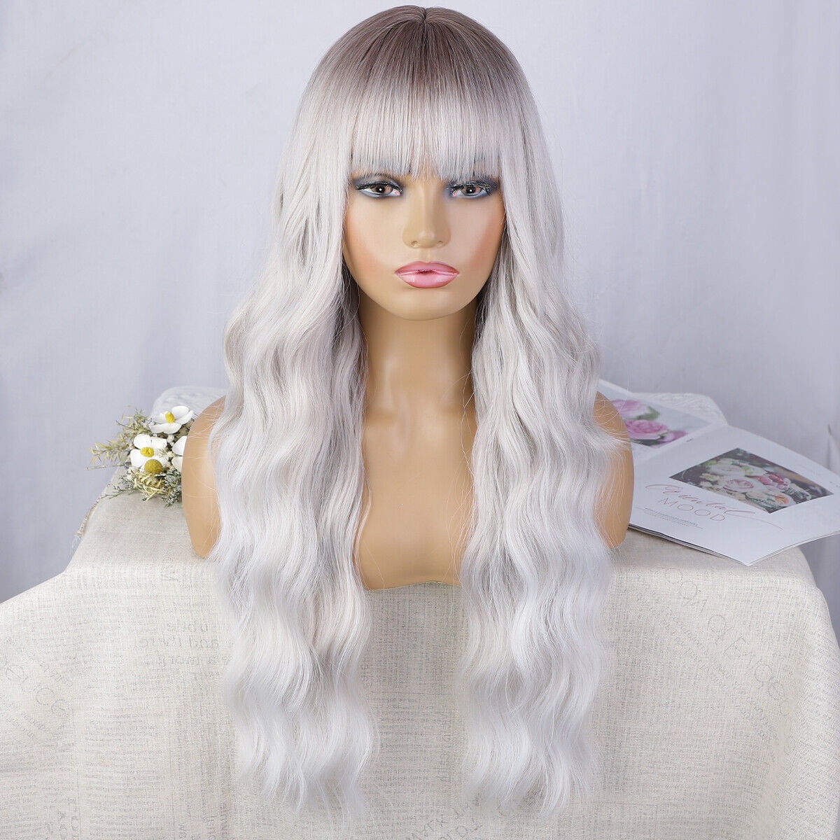 Women Full Neat Bangs Synthetic Hair Wigs Long Body Wave Heat Resistant Wig