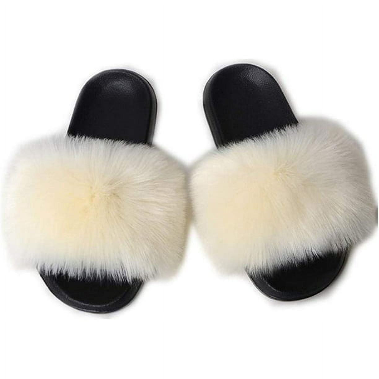 Furry Slides Women Summer Casual Fluffy Slippers With Fur Flat Non-Slip ...