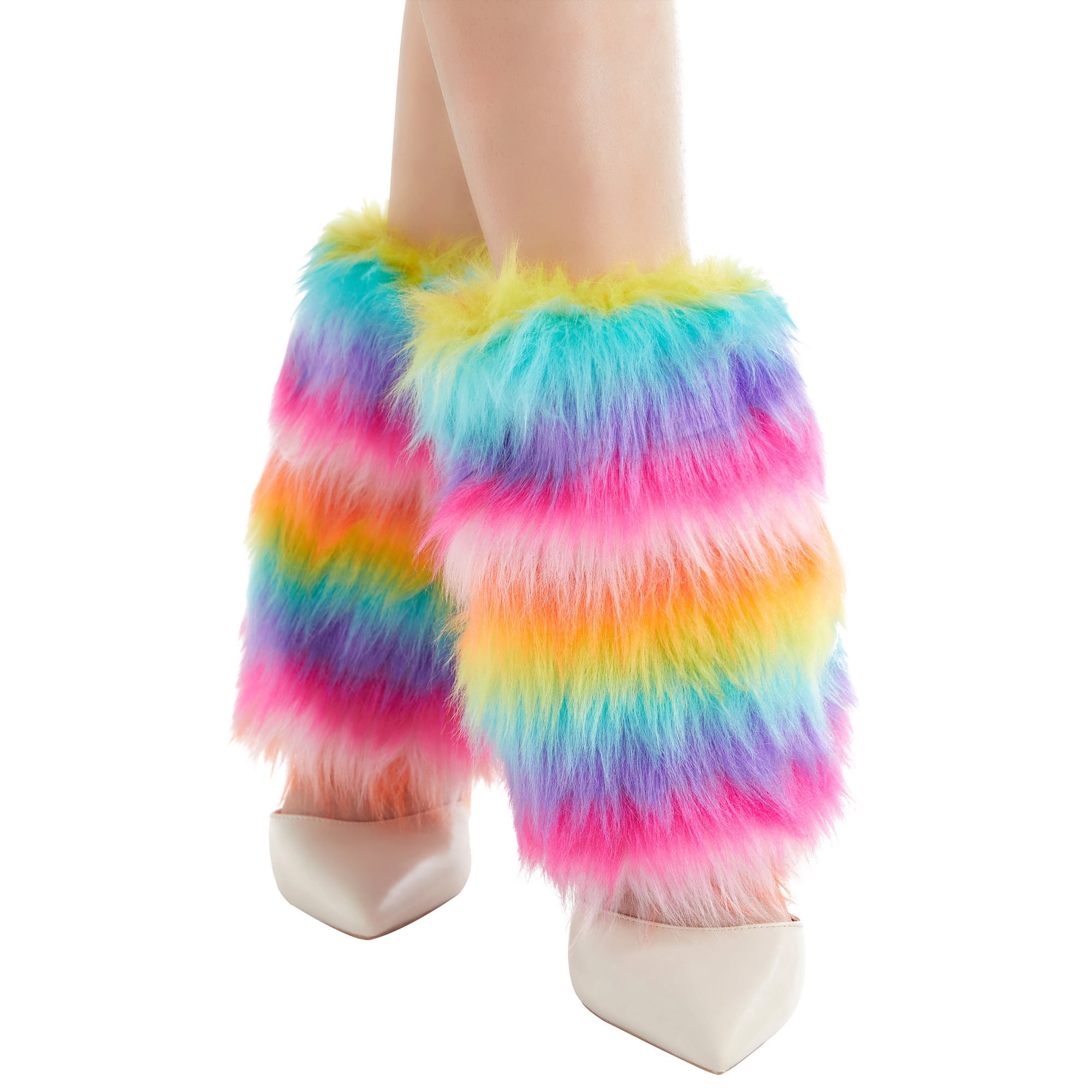 Women Fuzzy Faux Fur Leg Warmers Rainbow Long Boots Cuff Cover Costume ...