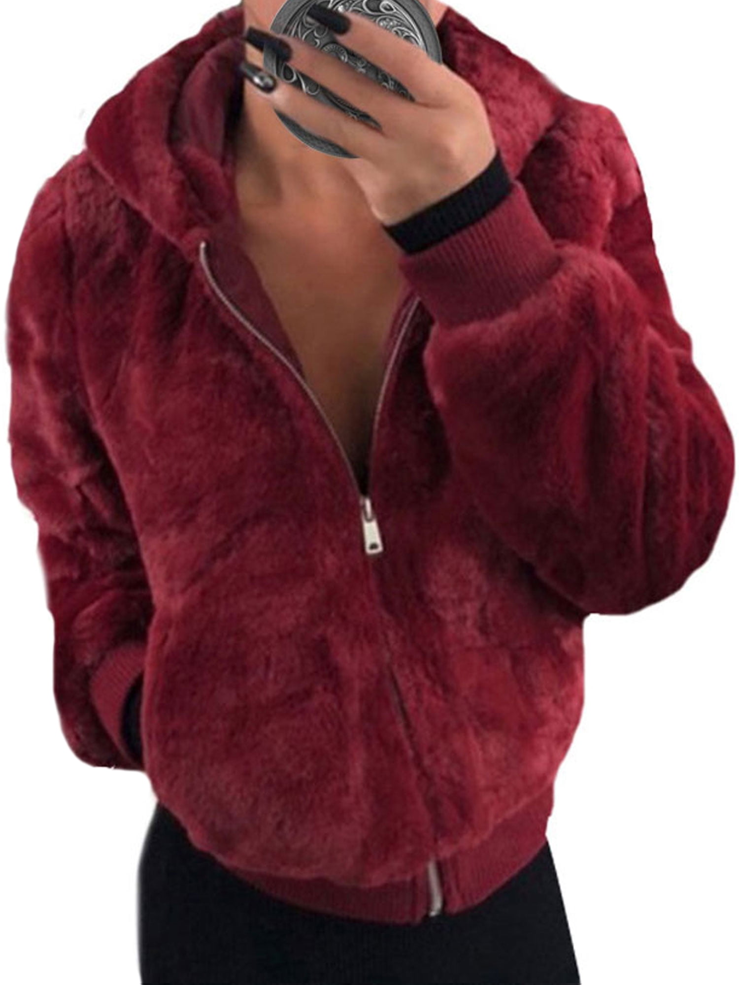 Women Fuzzy Fleece Hooded Short Jackets Coat Faux Warm Winter Outwear ...
