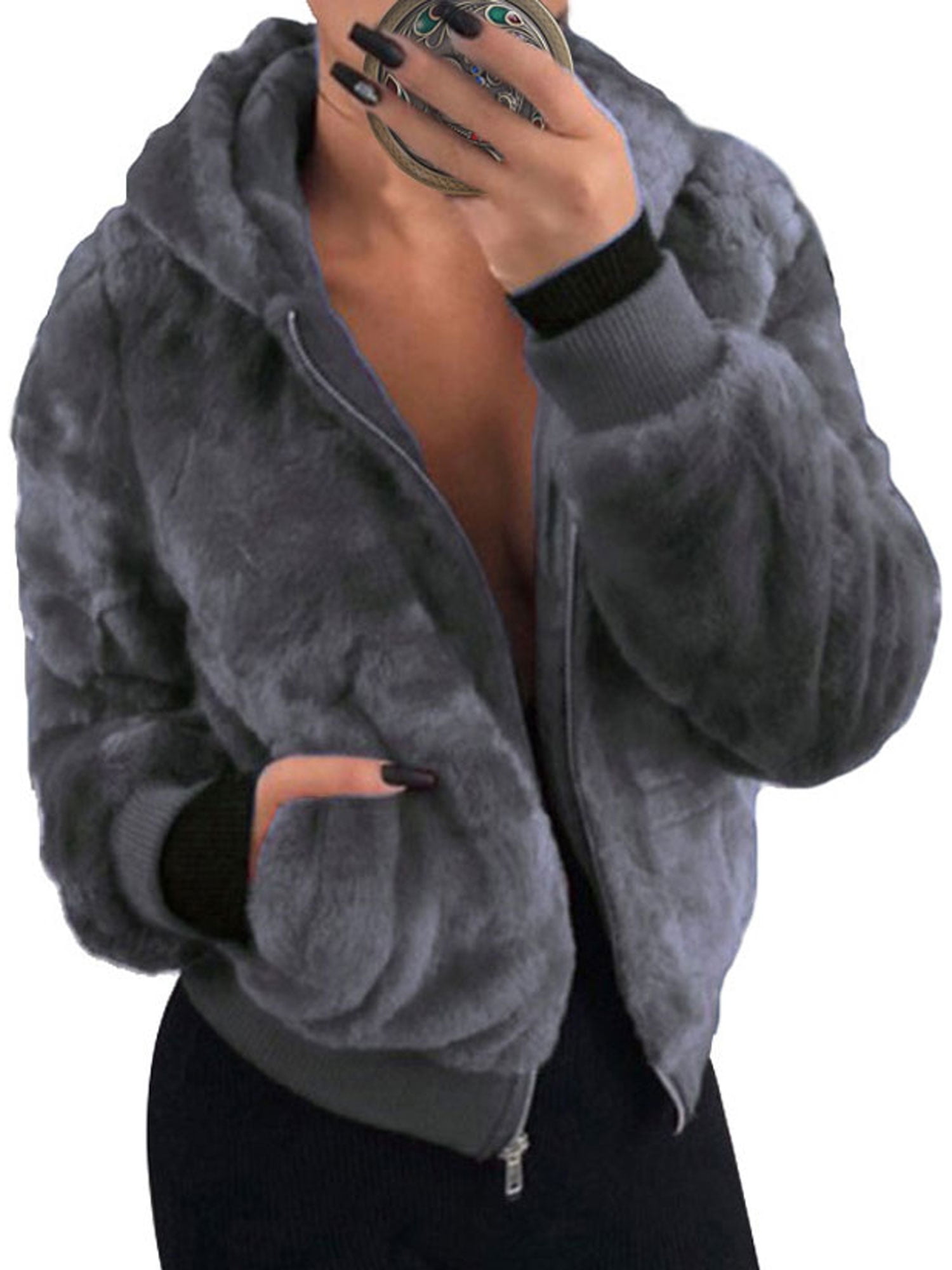 Women Fuzzy Fleece Hooded Short Jackets Coat Faux Warm Winter Outwear ...