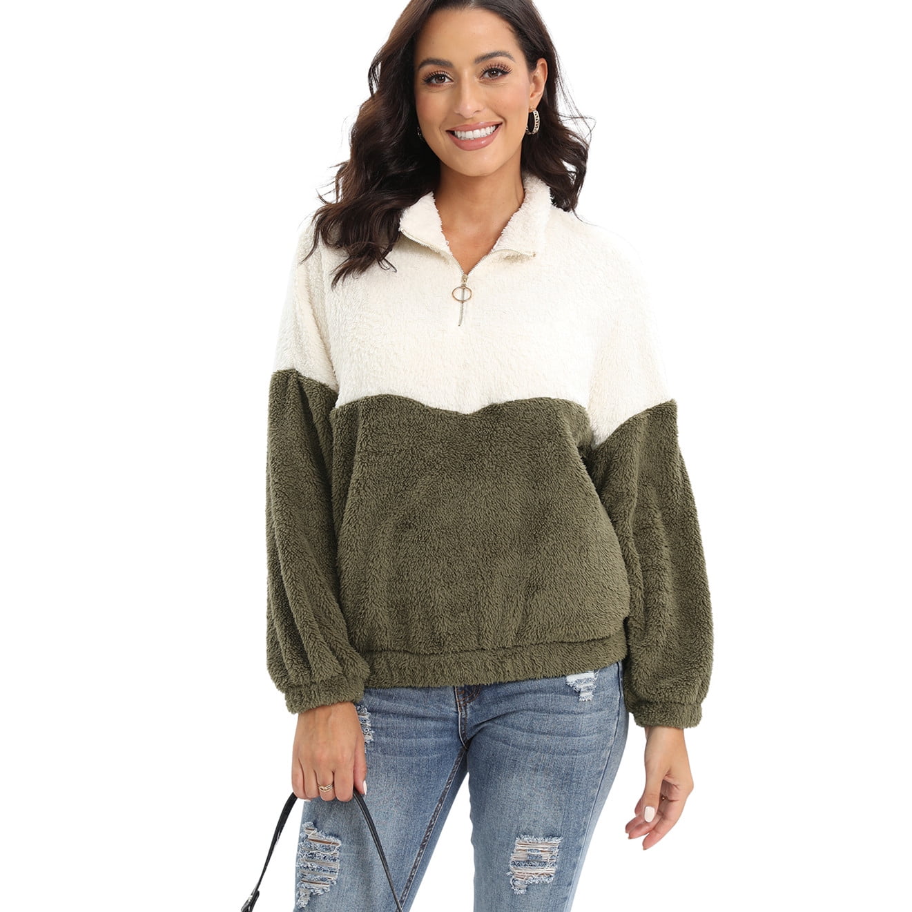 Women Fuzzy Fleece Sherpa Pullover Quarter Zip Sweatshirts Long Sleeve ...