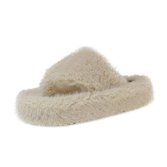 Women Fuzzy Platform Flip Flops Open Toe Plush Thick Sole Slide Sandals ...