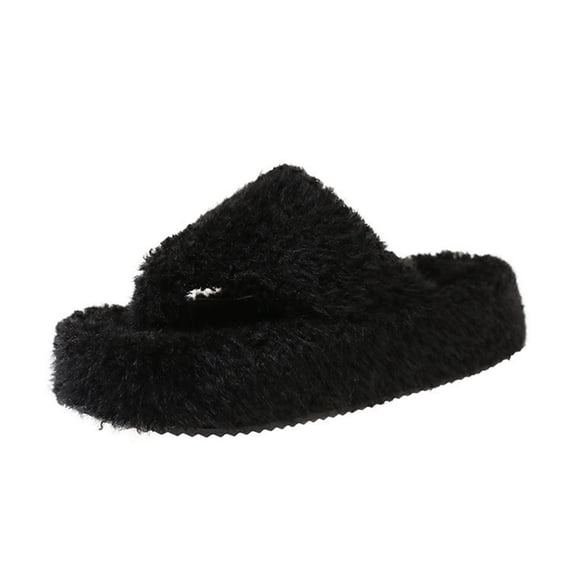 Women Fuzzy Platform Flip Flops Open Toe Plush Thick Sole Slide Sandals ...