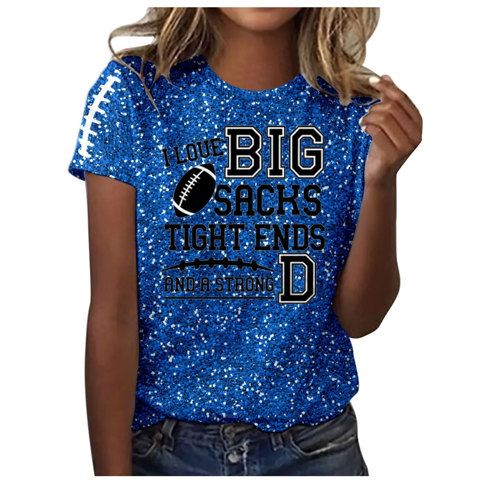 Women Game Day Tee Funny Football Glitter Print T-Shirt Casual Short ...