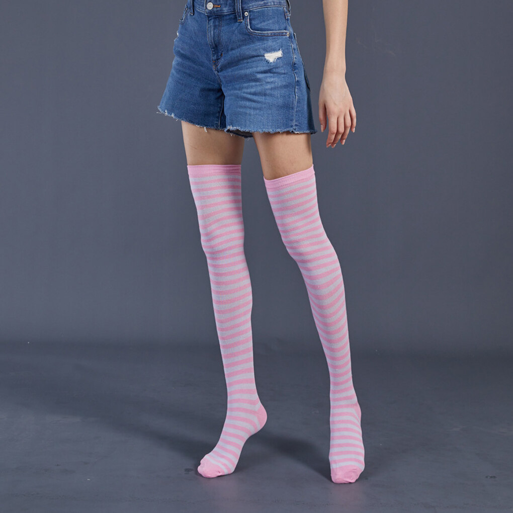 Women Girl Stockings Cotton Striped Plus Size Over-the-Knee Leg Socks ...