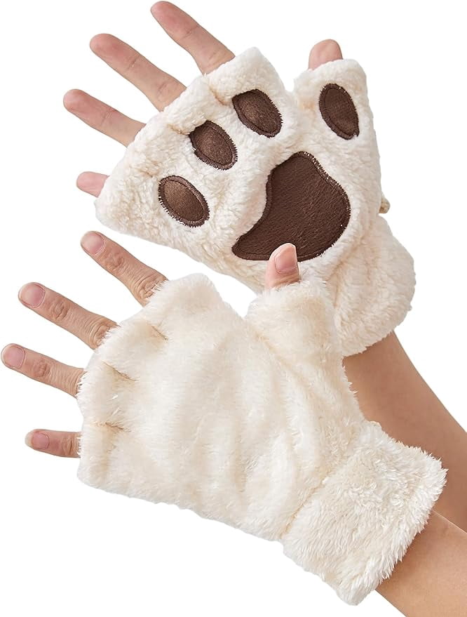Women Girls Cat Paw Gloves, Faux Fur Cute Kitten Wolf Bear Claw ...