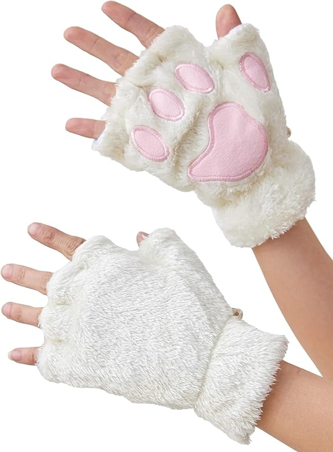 Women Girls Cat Paw Gloves, Faux Fur Cute Kitten Wolf Bear Claw ...