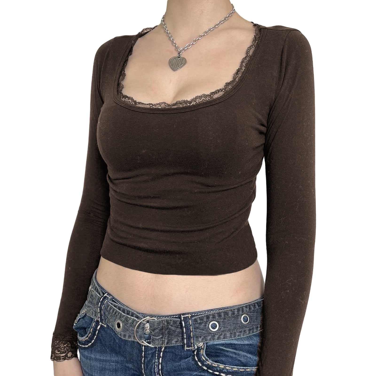 Women Girls Y2K Long Sleeve Shirt Top Fairy Grunge Lace Trim Square Neck Vintage T-Shirts ...