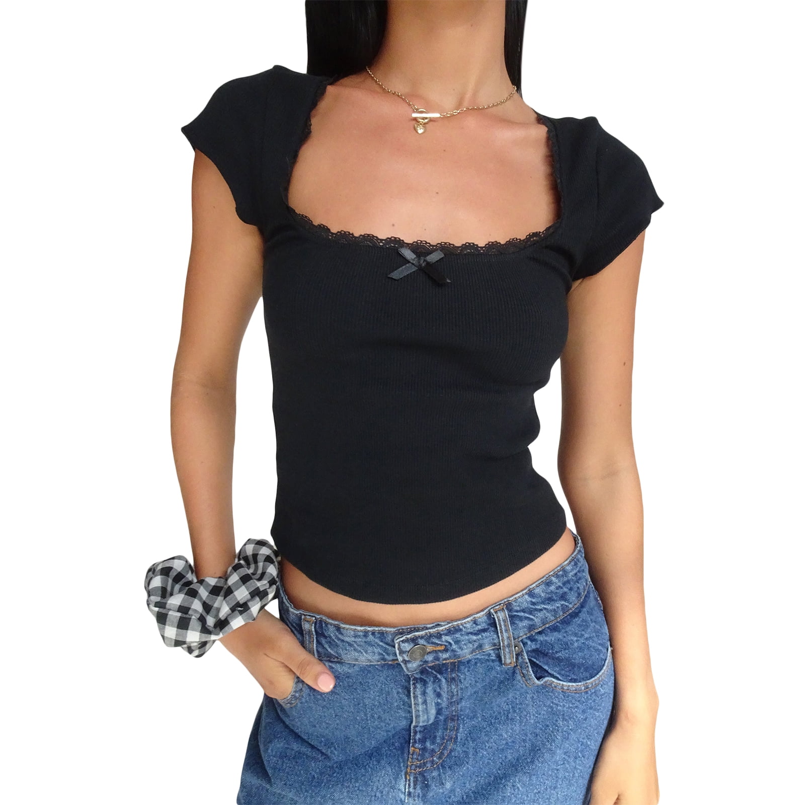 Women Girls Y2K Short Sleeve Shirt Top Fairy Grunge Lace Trim Square ...