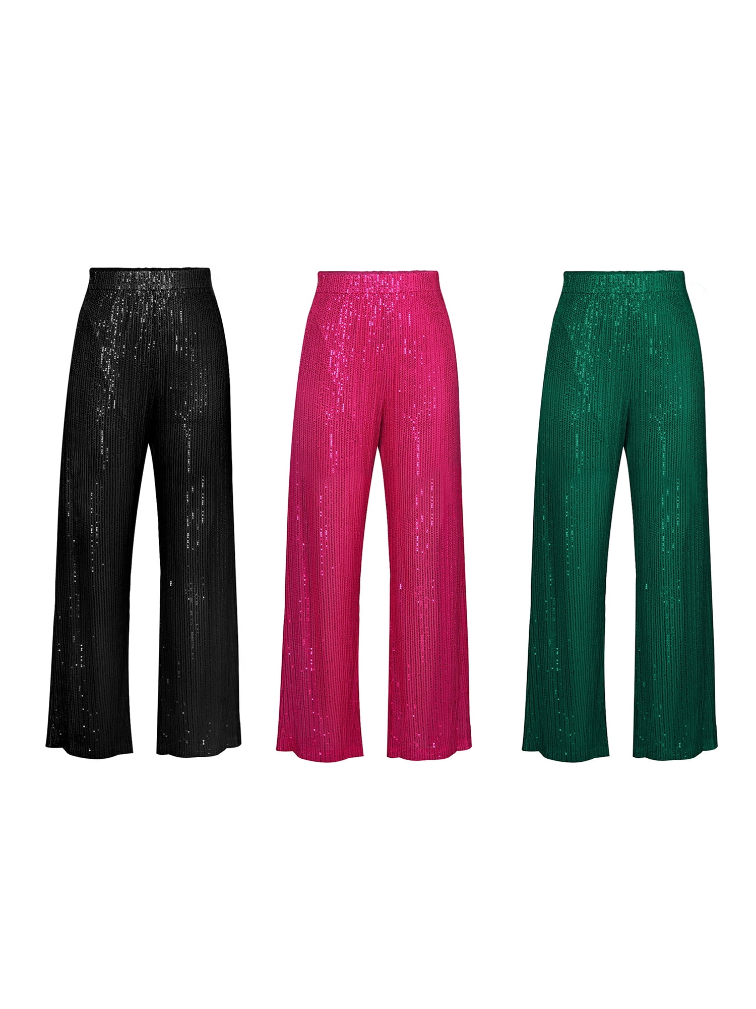Women Glitter Pants Sparkle High Waist Sequin Bling Wide Leg Trousers ...