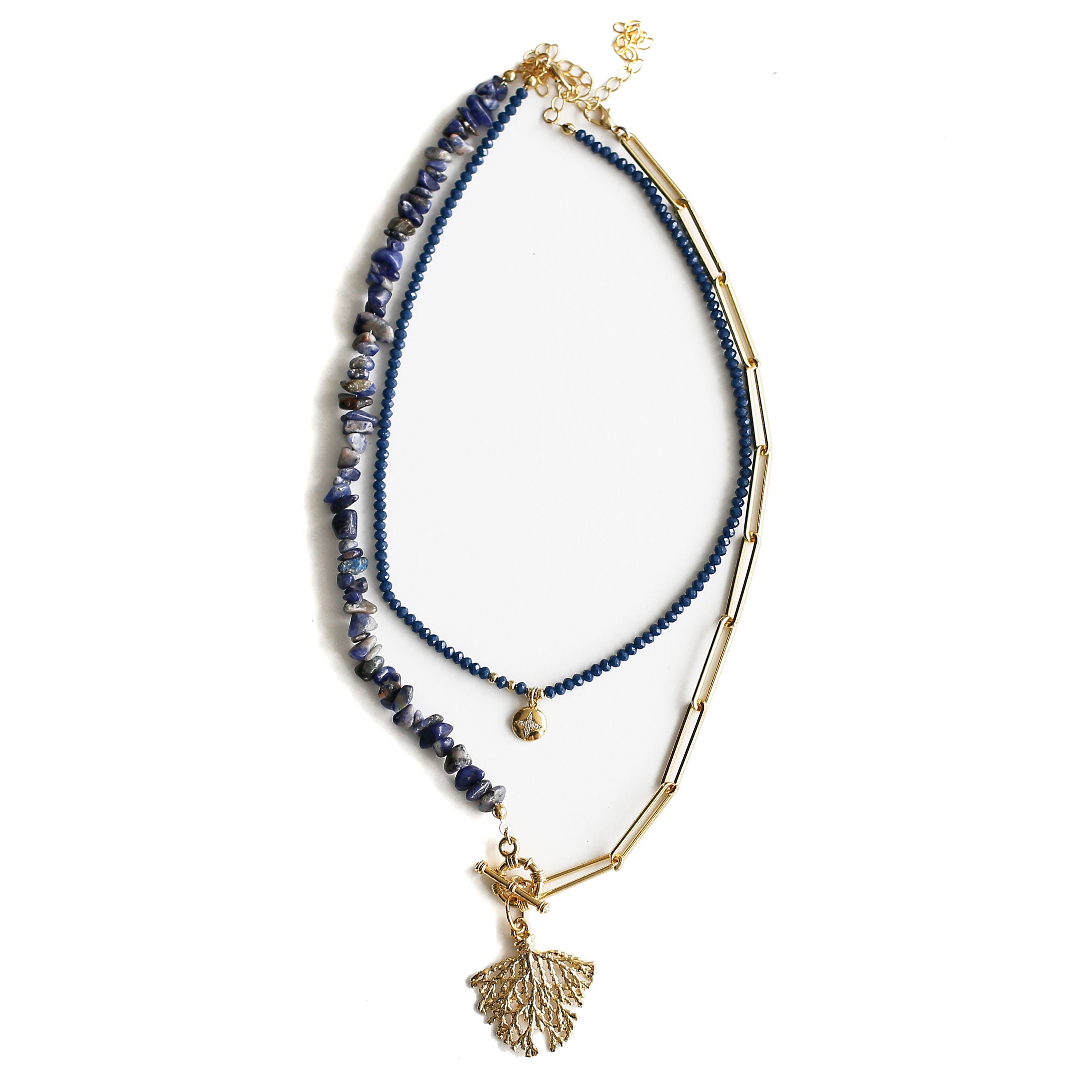 Women Gold-Plated Boho Layered Necklace Set 2Pcs, Blue Beads with Round ...