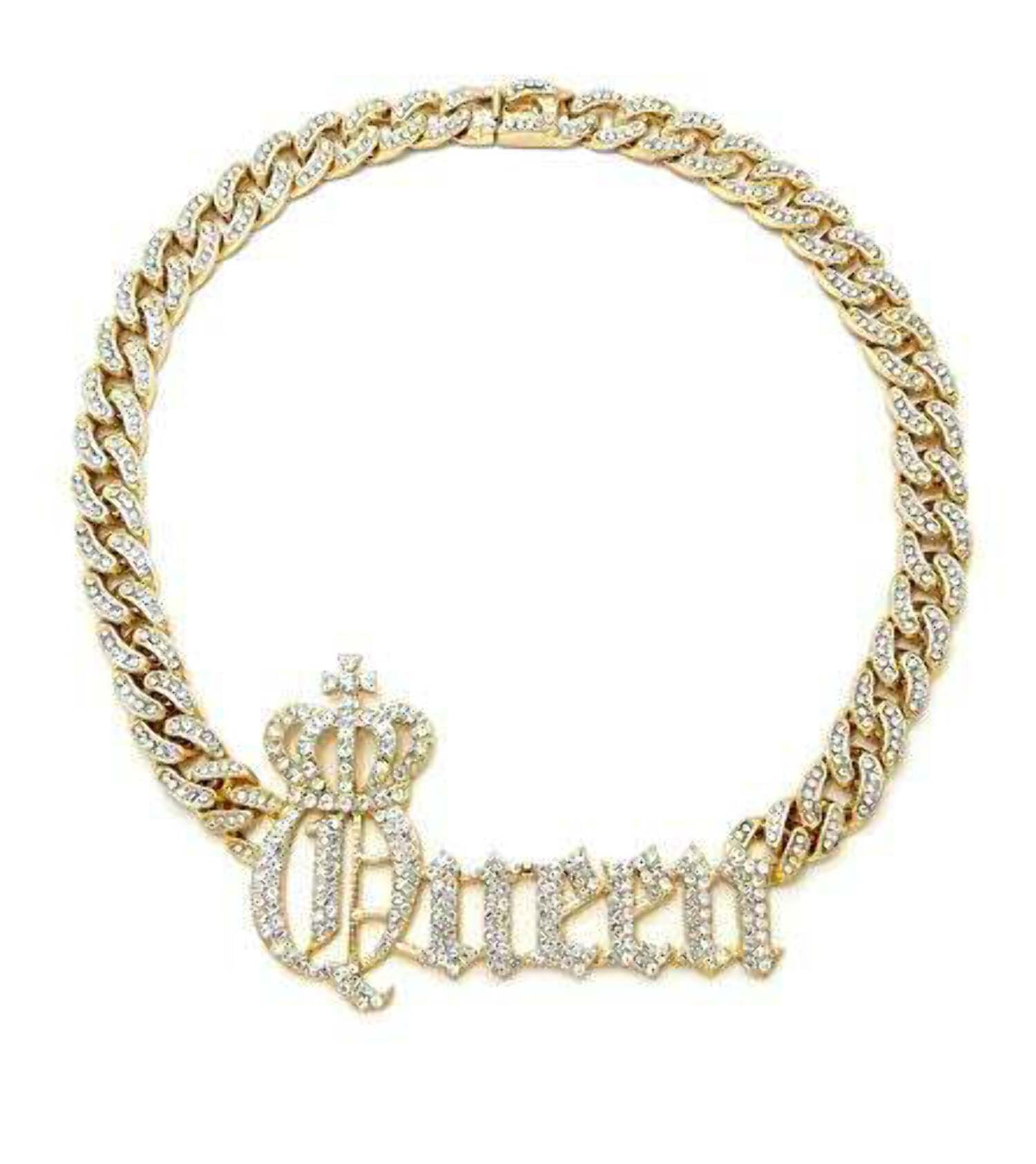 Women Gold Plated Crowned Queen Pendant & 13mm 18" Iced Bling Cuban ...