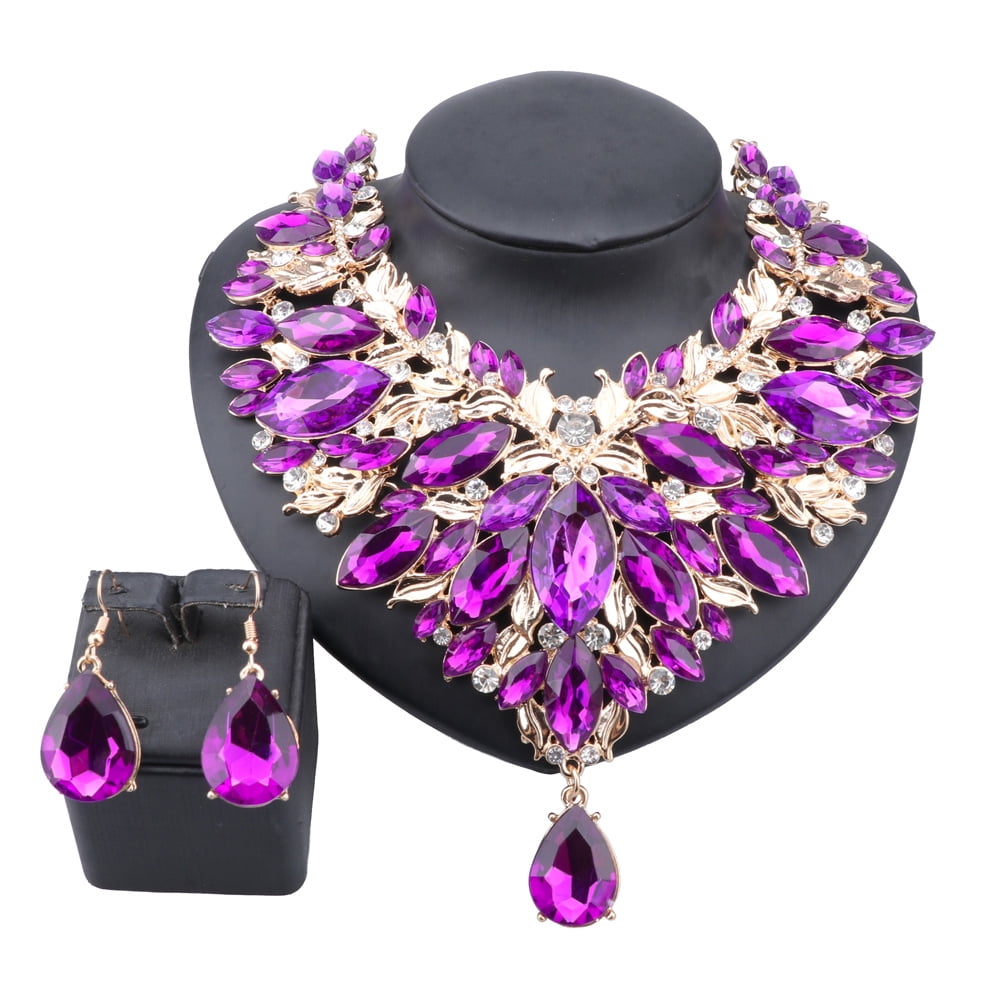 Women Gold Plated Rhinestone Crystal Pendant Necklace Earring Bridal ...