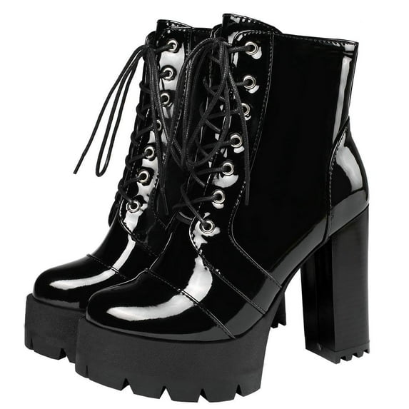 Women Goth ankle Boots Platform Chunky High Heel Lace up Gothic Combat ...