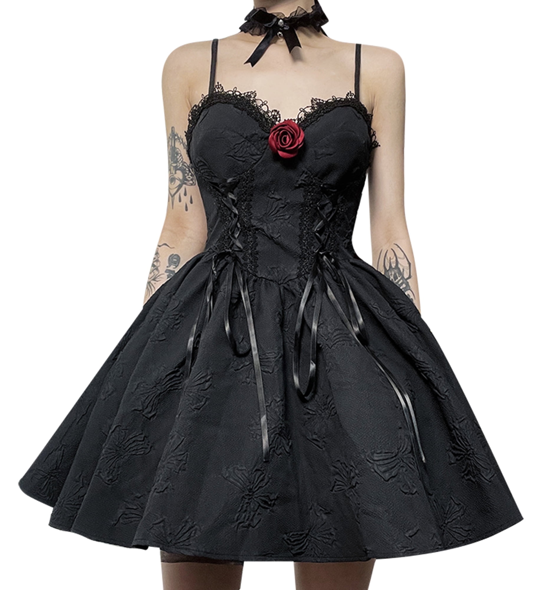 Women Gothic Lace Mini Dresses Vintage Goth Punk Dress Spaghetti Strap ...