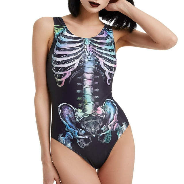 Women Gothic Style One Piece Swimsuit Skeleton Pattern Bathing Suit