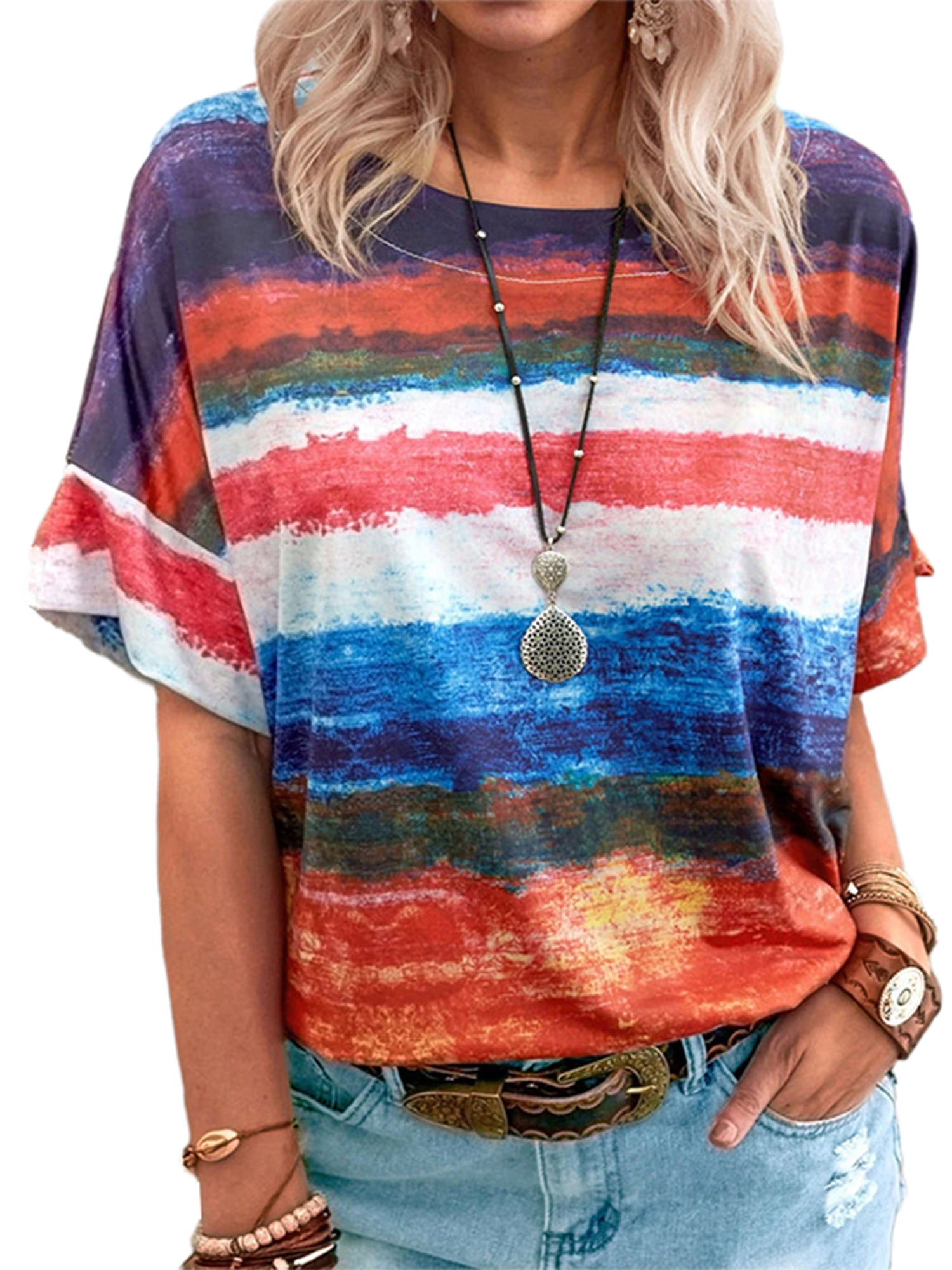 Women Gradient Color Shirt Tunic Top Rainbow Color Block Striped Print ...
