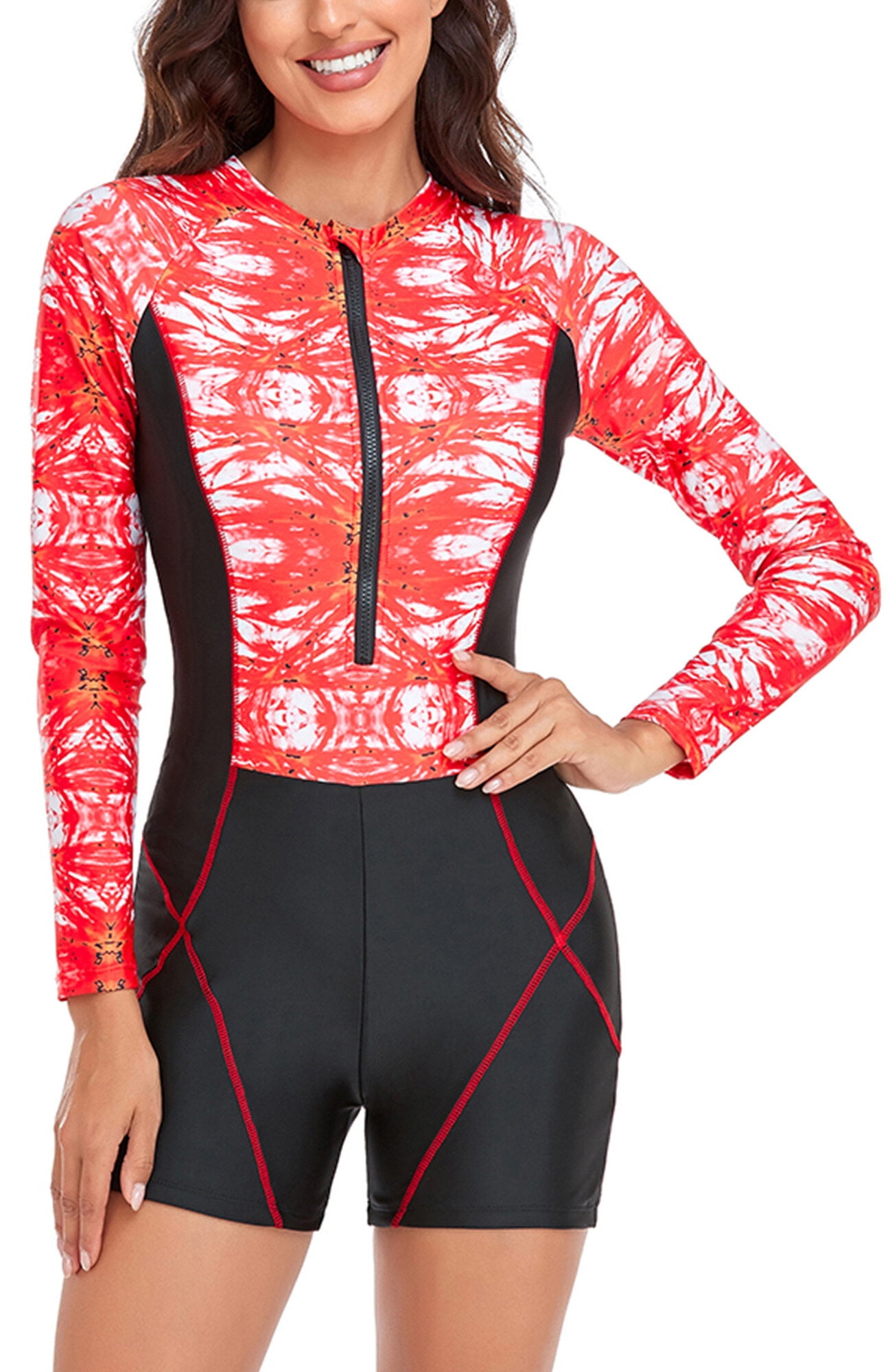 Women Half Zipper Swimsuits One Piece UV Protection Rash Guard Long ...