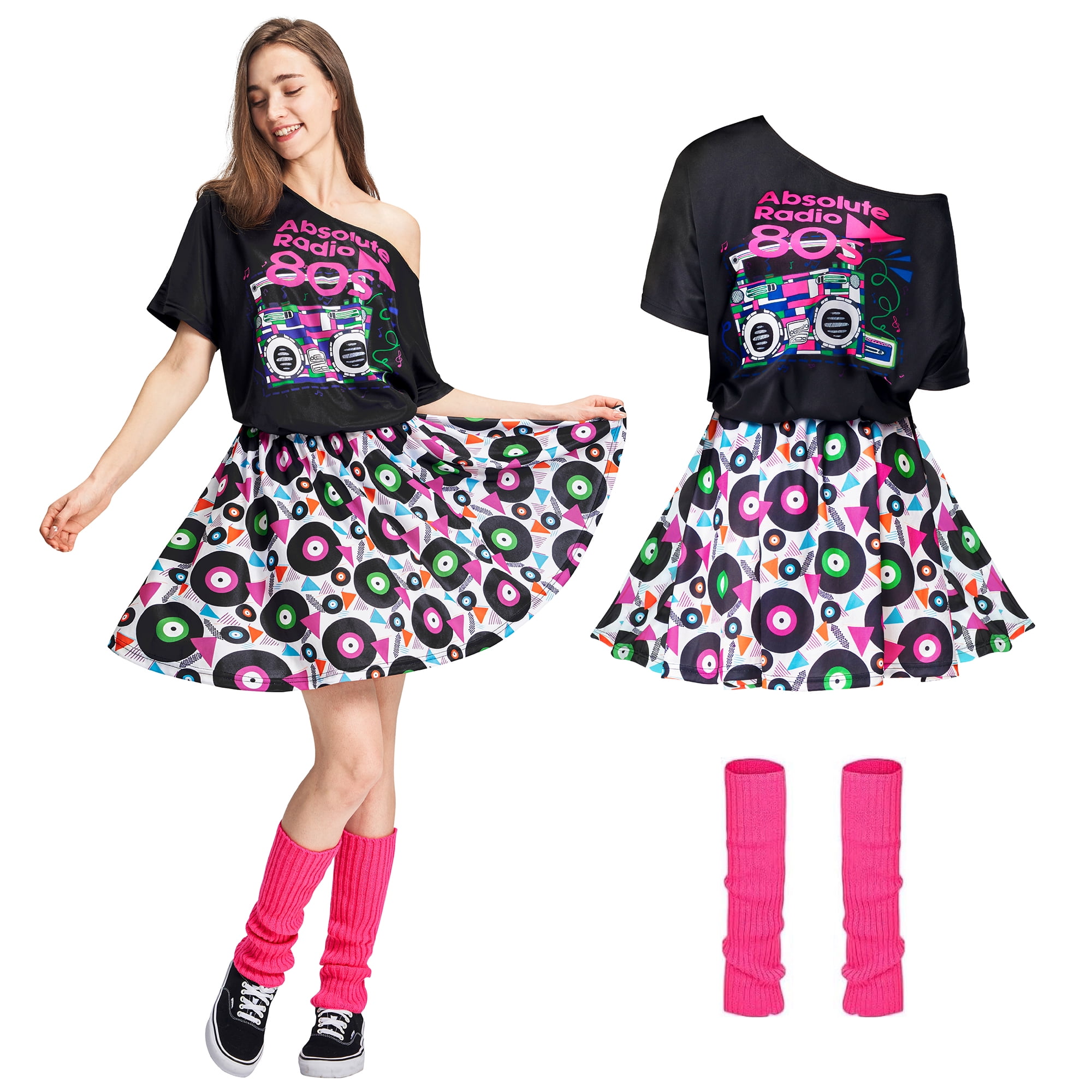 Women Halloween 80s Costume, One Shoulder Short Sleeves Dress Ribbed ...