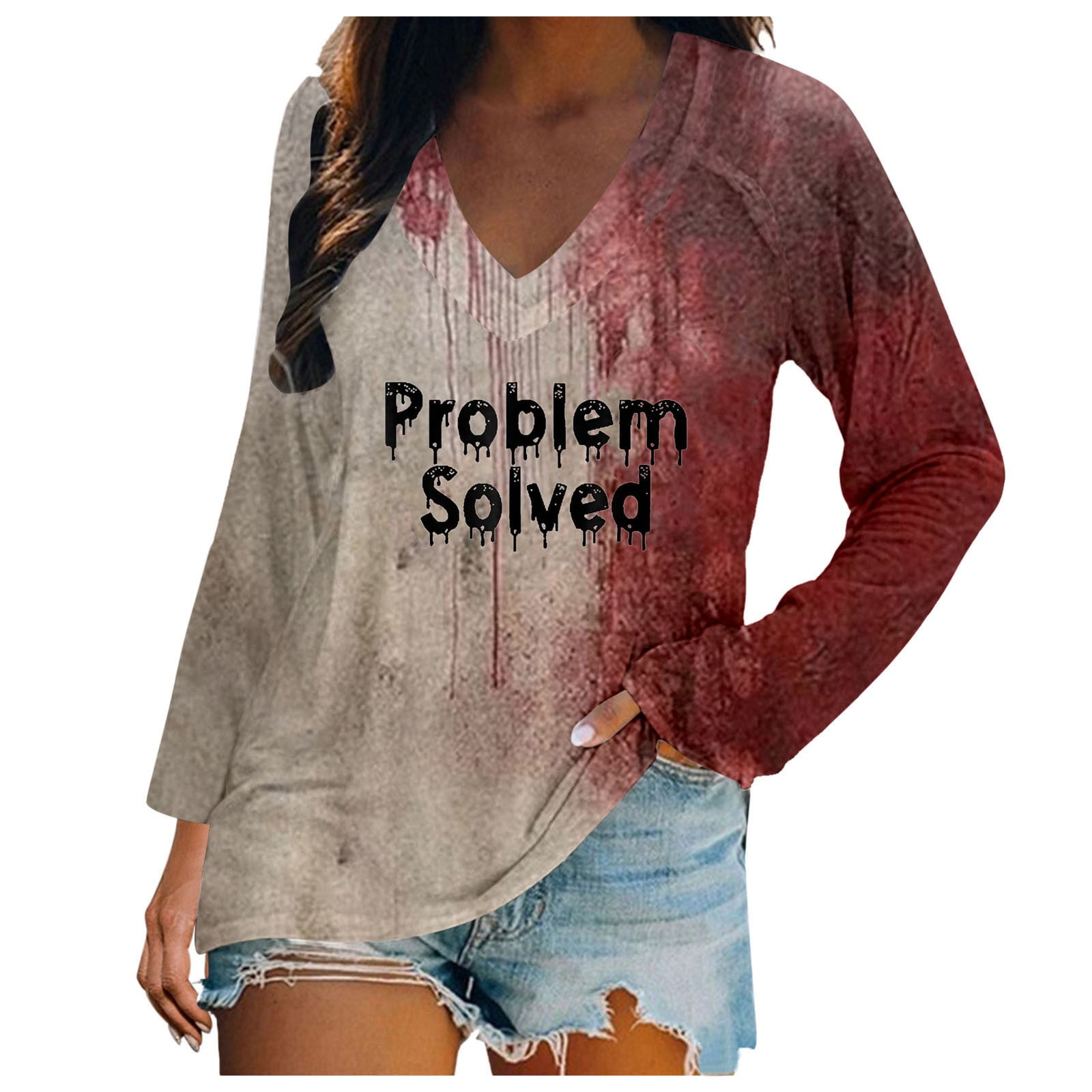 Women Halloween Bloody Shirt Problem Solved Print Long Sleeve Tunic Tops V-Neck Halloween ...
