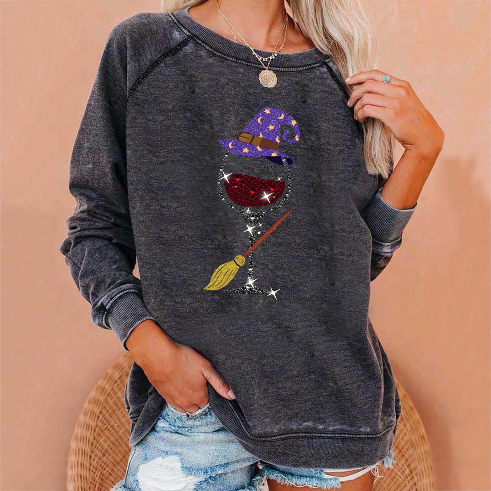 Women Halloween Tops Wine Glass Print Top Halloween Witch T-Shirt Broom ...