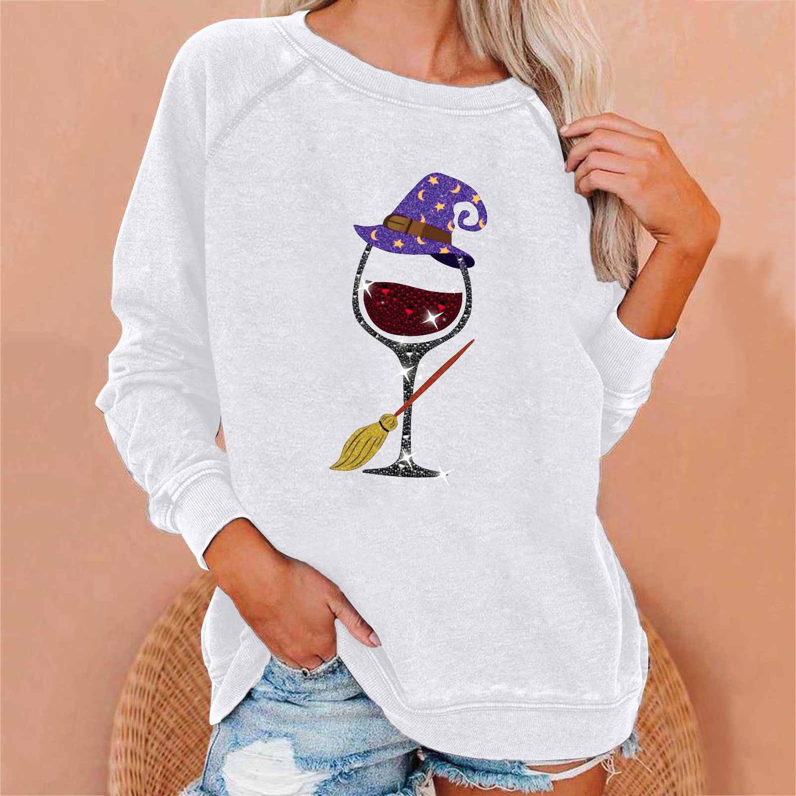 Women Halloween Tops Wine Glass Print Top Halloween Witch T-Shirt Broom ...