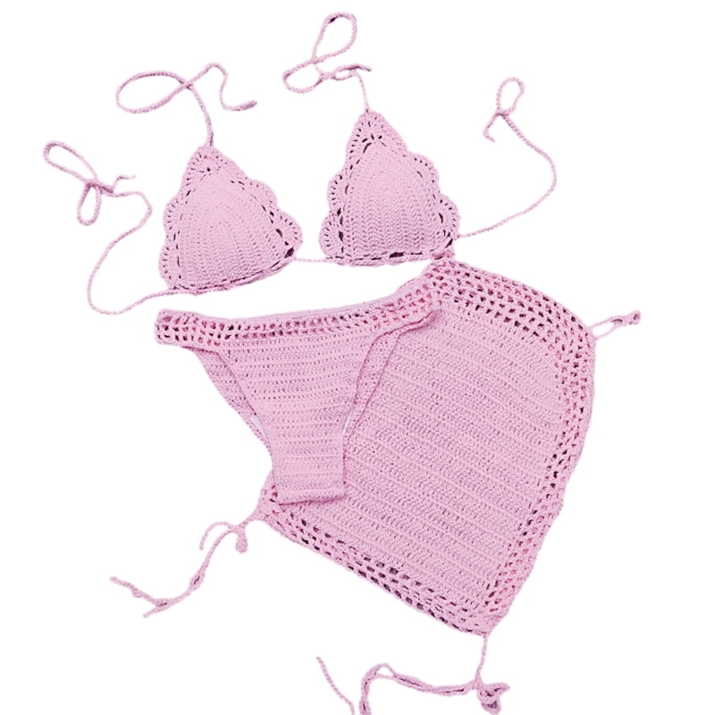 Women Hand Crochet Swimsuit 3 Pieces Split Bathing Suit with Cover Up ...