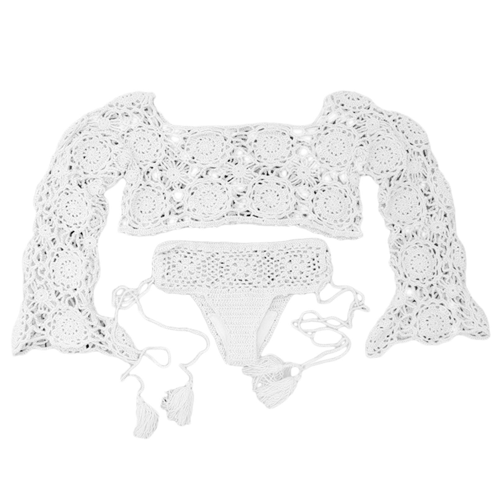 Women Handmade Crochet Long Sleeve Bikinis Swimming Trunks Hollow-Out ...
