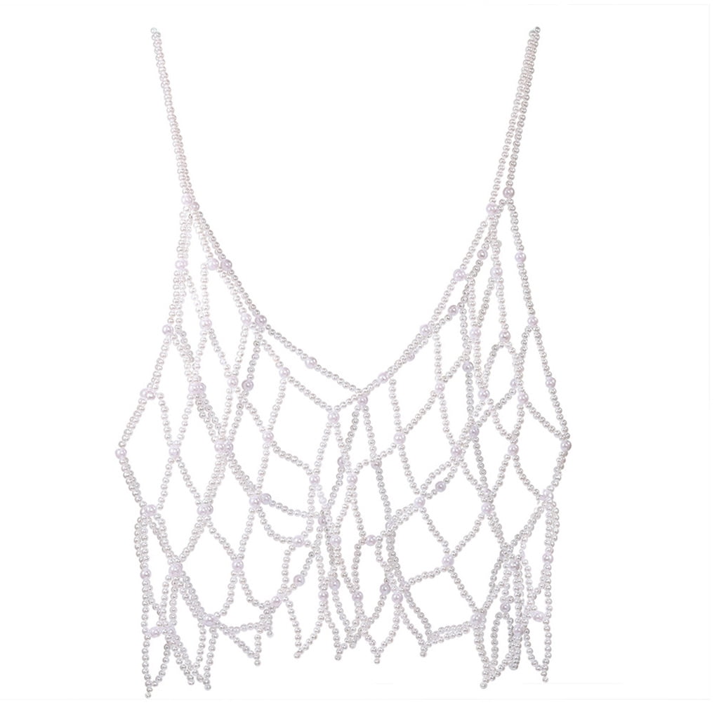 Women Handmade Woven Body Chain Camisole Pearl Crystal Beaded Vest Mesh ...