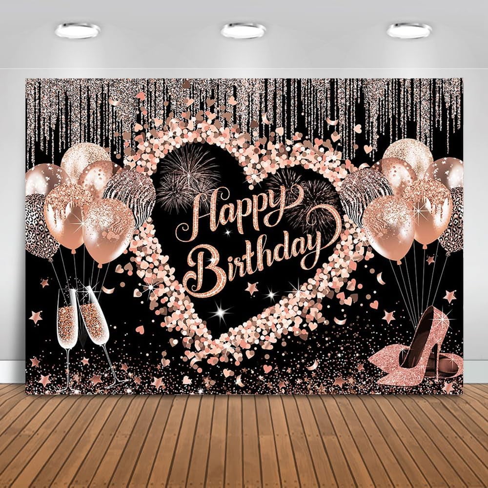 Women Happy Birthday Backdrop Pink Glitter Birthday Party Background ...