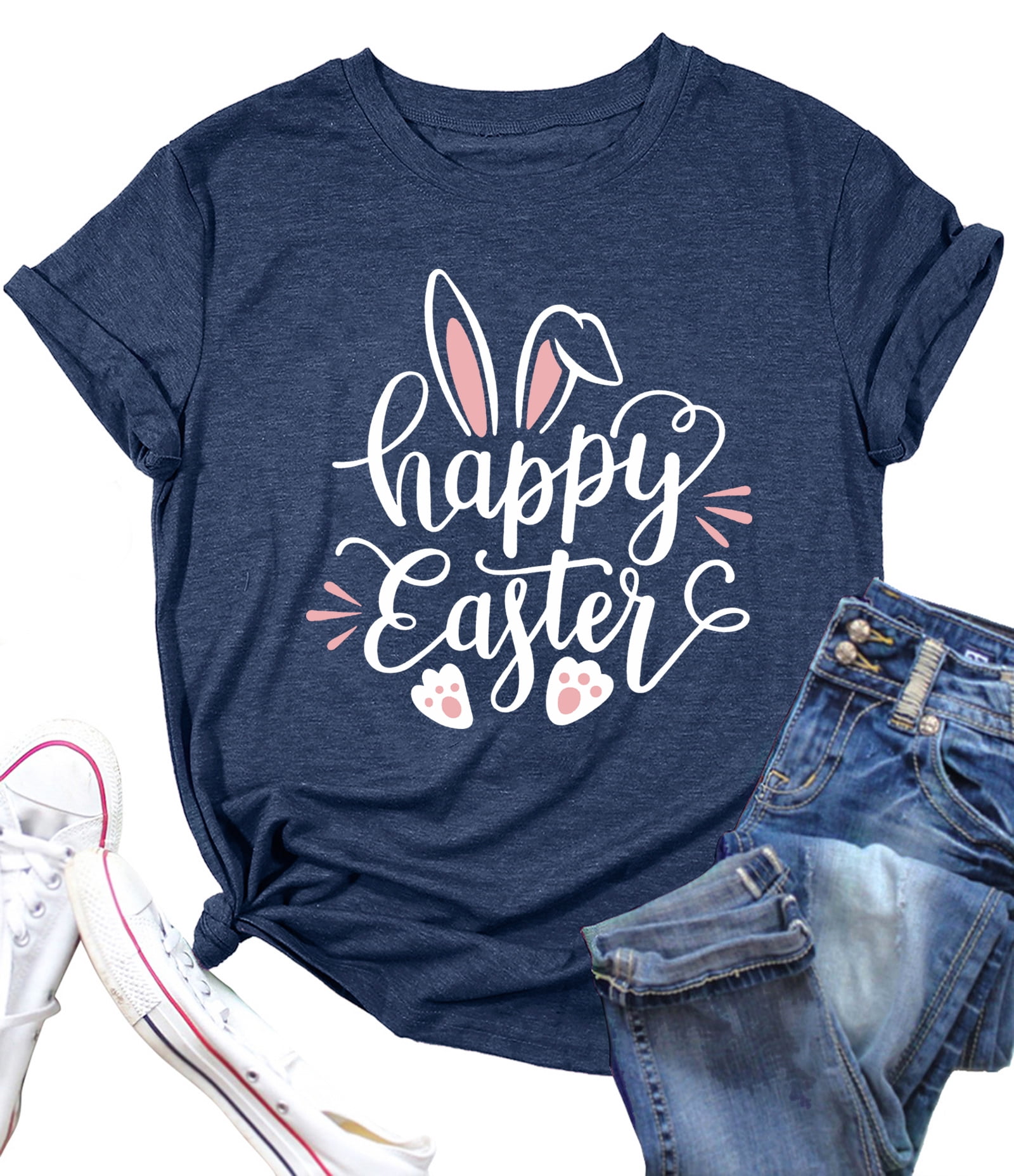 Women Happy Easter T Shirt Bunny Rabbit Graphic T-Shirt Funny Letter ...