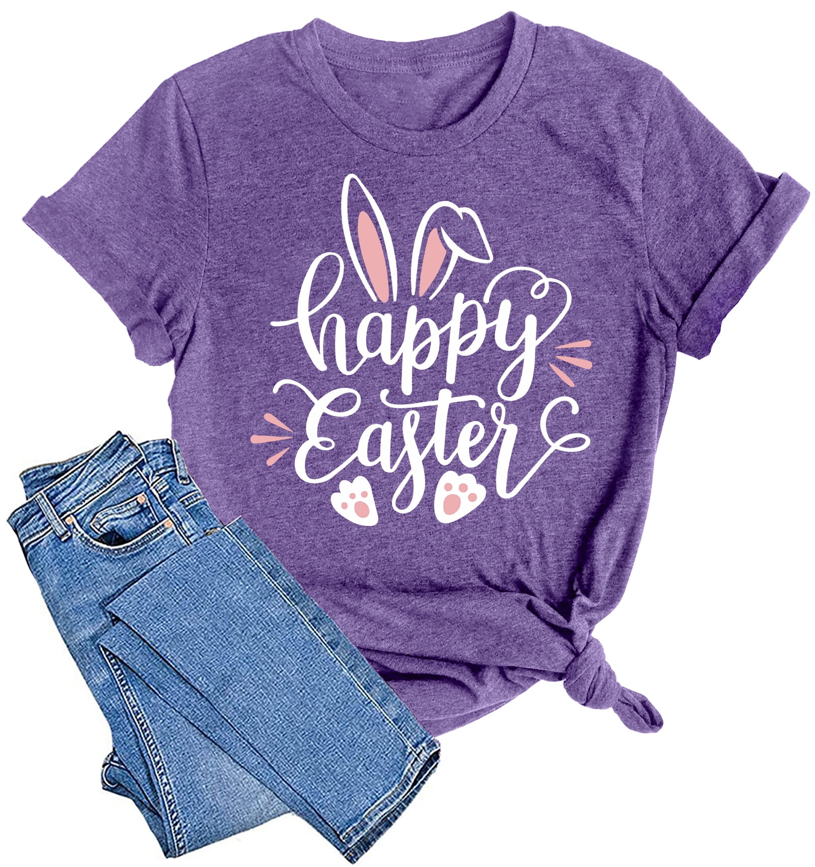 Women Happy Easter T Shirt Bunny Rabbit Graphic T-Shirt Funny Letter ...