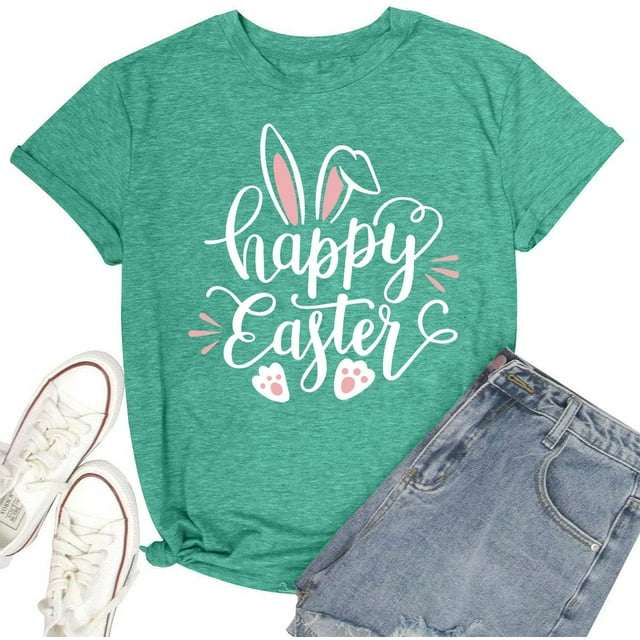 Women Happy Easter T Shirt Bunny Rabbit Graphic T-Shirt Funny Letter ...