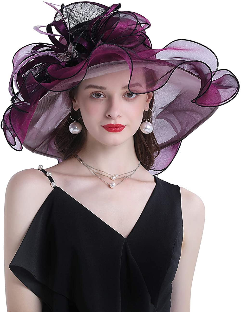 Women Hats Organza Butterfly Decoration Wide Brim Occasion Event Derby ...