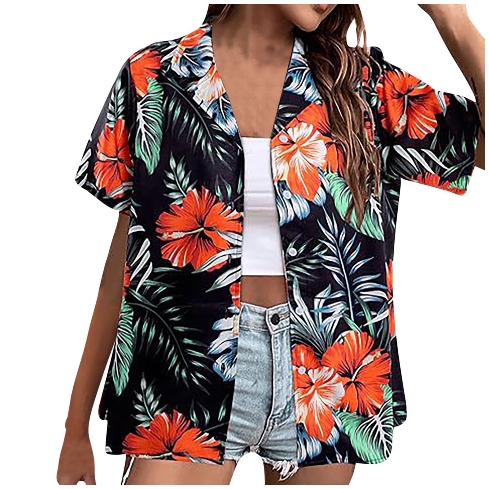 ANKOLA Women Hawaiian Shirt, Soft Cool Summer Beach Floral Print V Neck ...