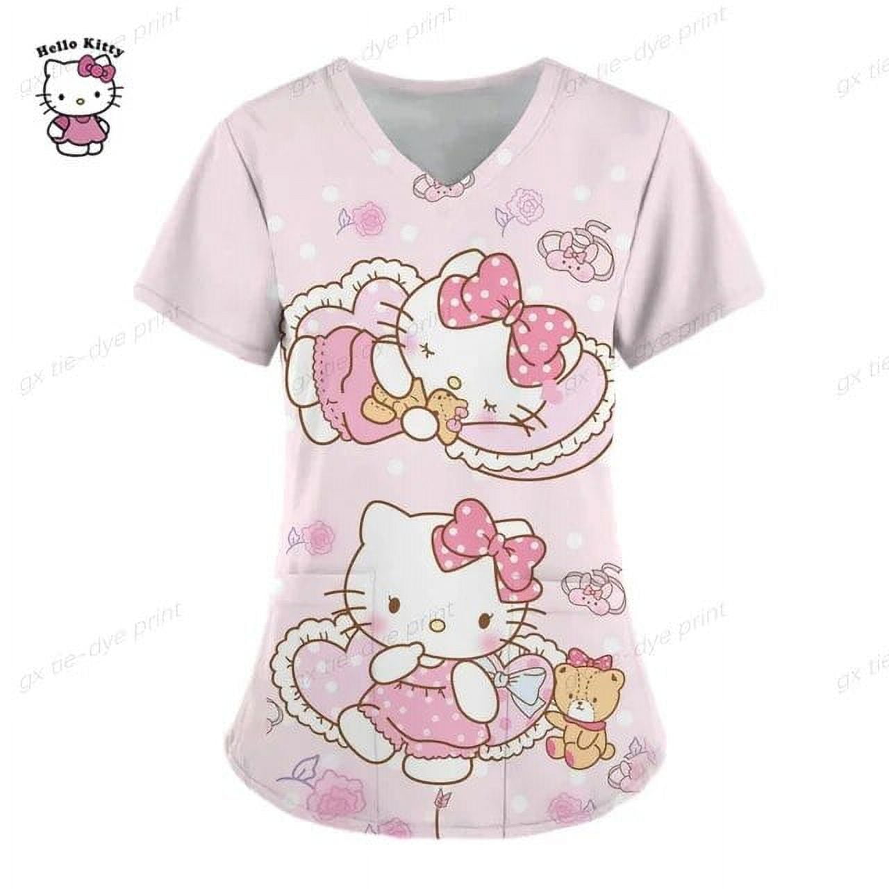 Women Hello Kitty Print Blouse Cartoon Cute Print Nurse Working Uniform ...