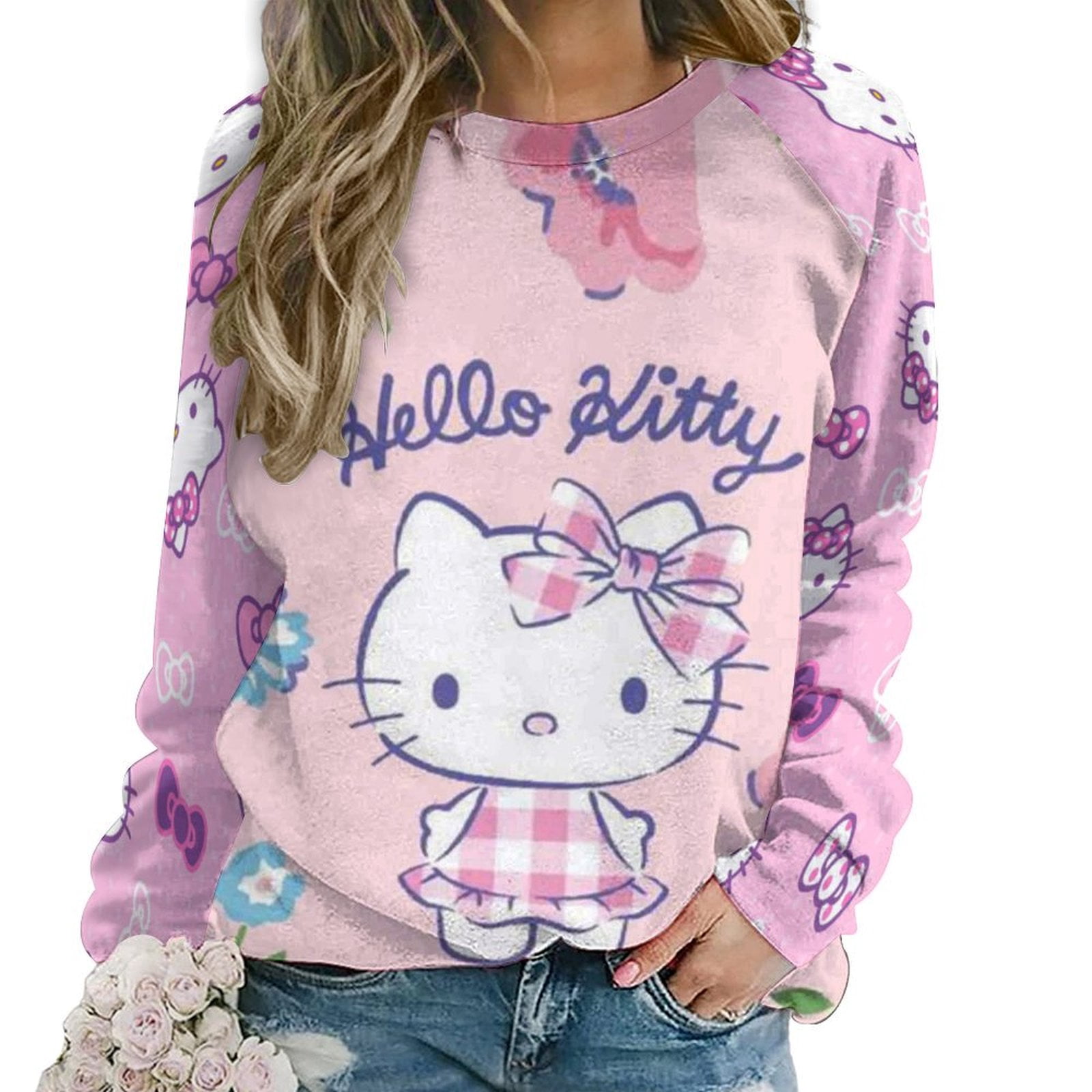 Women Hello Kitty Sweatshirt Pullover 3D Graphic Sweatshirts Crewneck ...