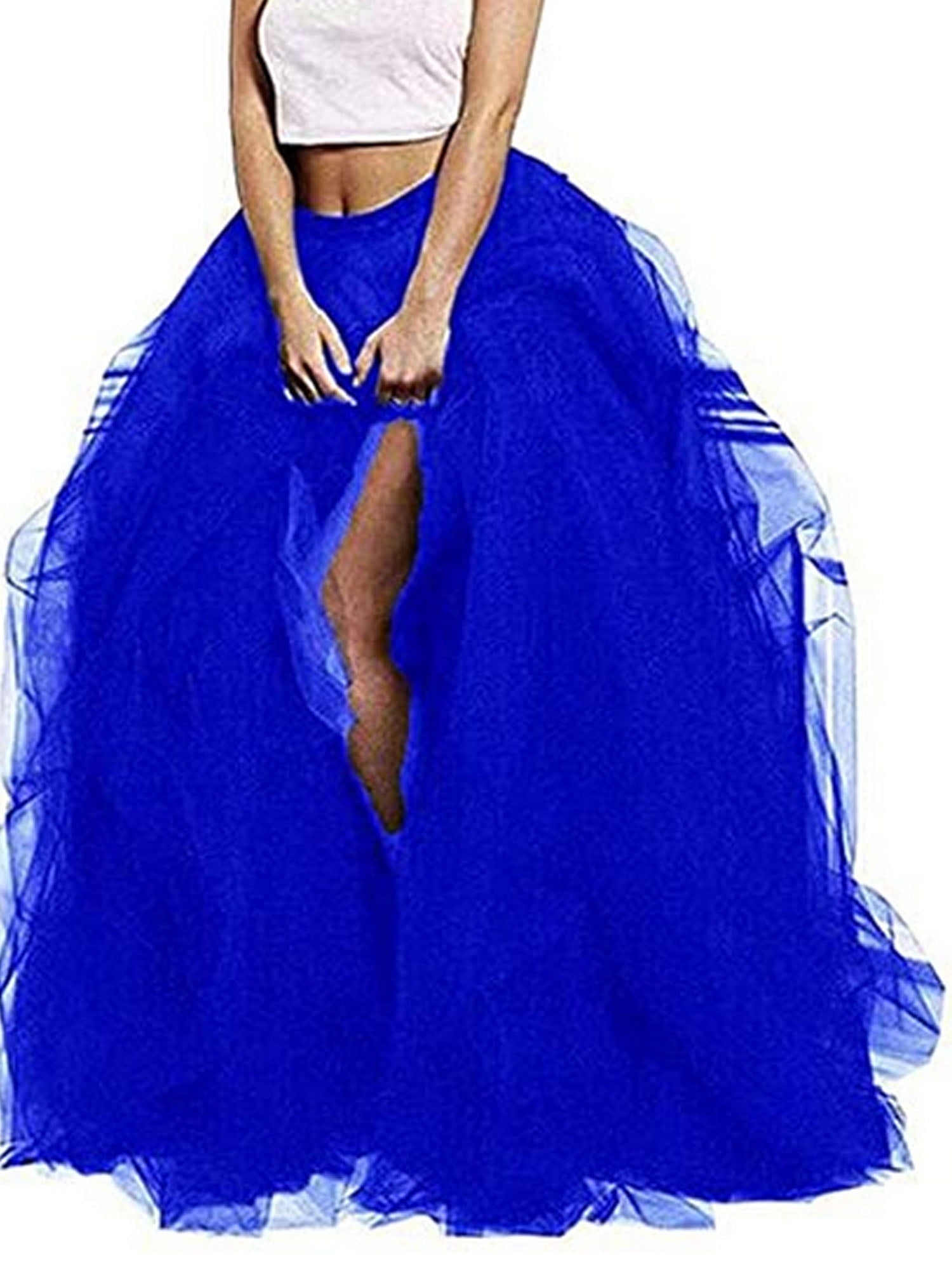 Women Hi Slit Tutu Maxi Dress Tulle Ruffle Mesh Lace Long Skirt Layered ...