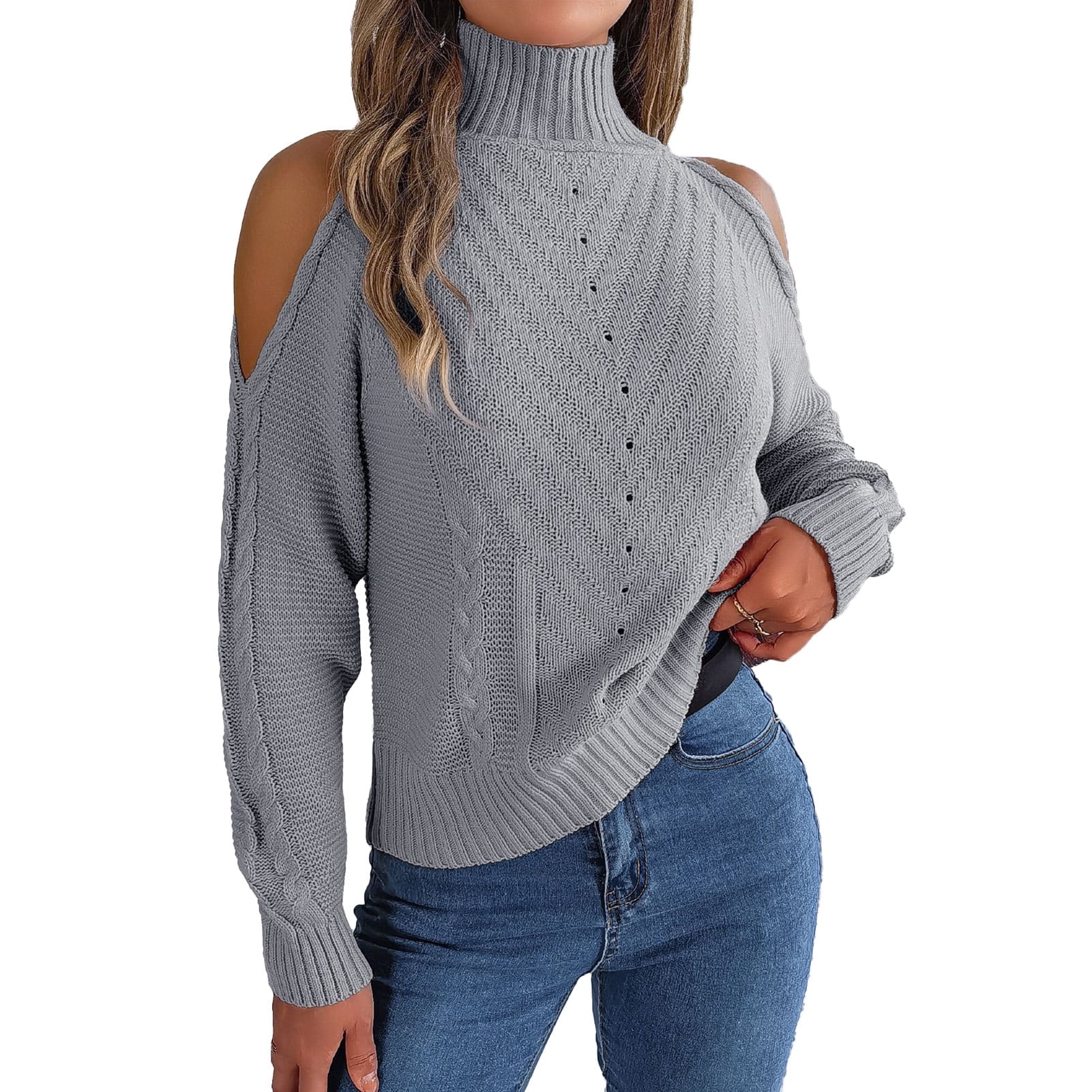 Women High Collar Sweater Cold Shoulder Long Sleeves Pure Color Loose ...