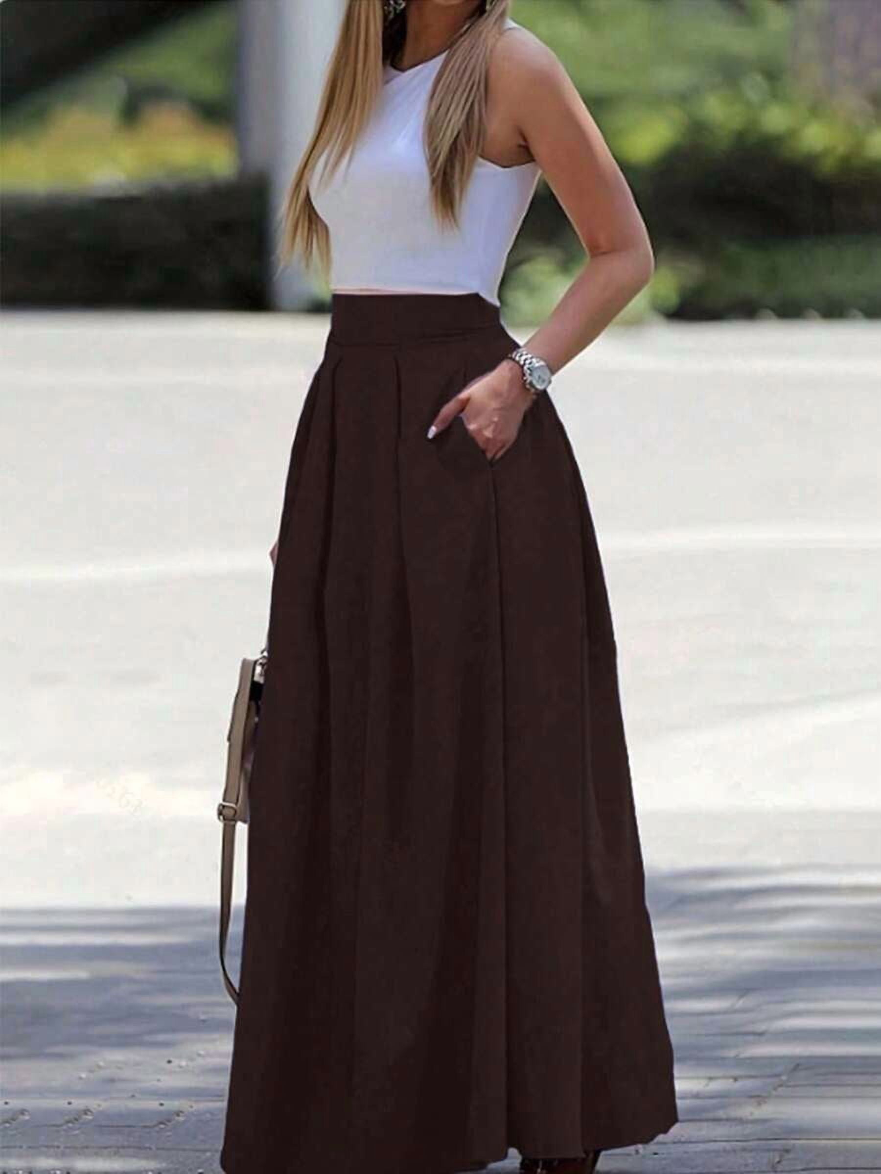 Women High Waist A-Line Solid Color Pleated Maxi Skirt Elegant Flowy ...