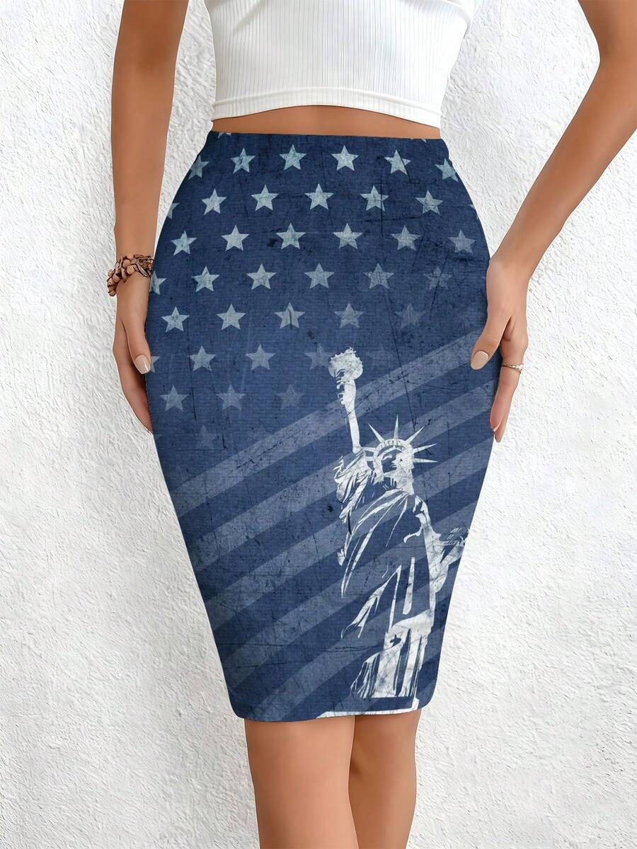 Women High Waist Mixed Colors American Flag & Statue Of Liberty Print ...