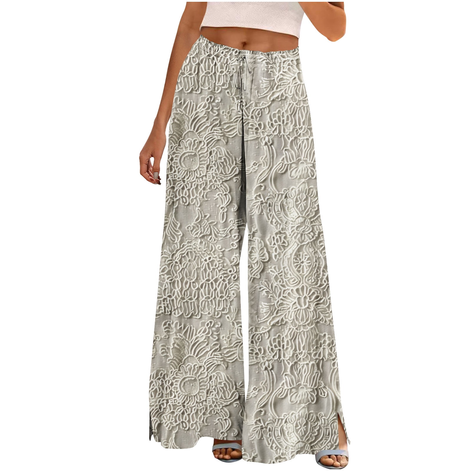 Women High Waisted Beach Pants Pleated Flowy Floral Print Wide Leg ...