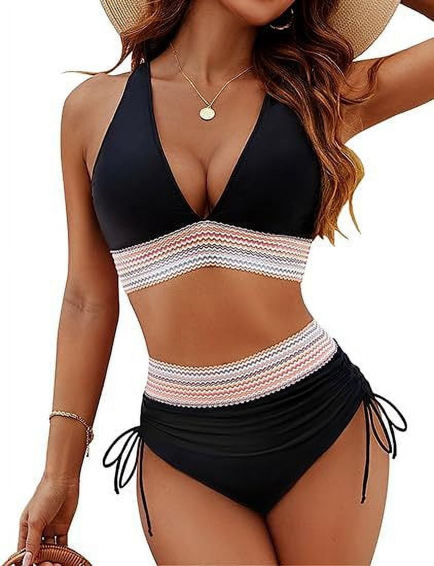 Women High Waisted Bikini Sets Tummy Control Swimsuits Color Block Two ...