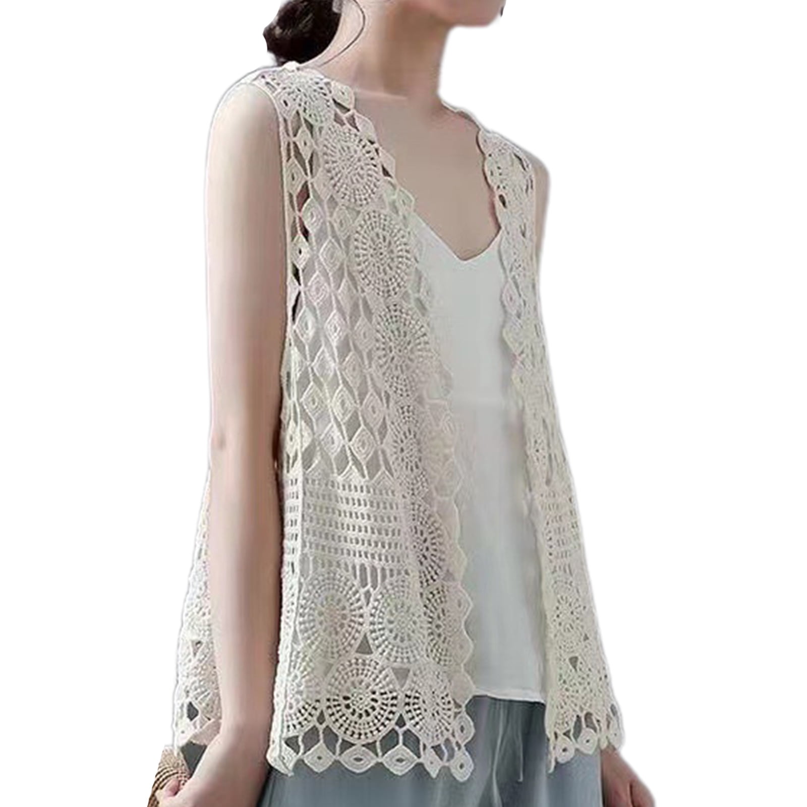 Women Hippie Bohemian Crochet Sleeveless Vest Open Front Lace Cardigan ...