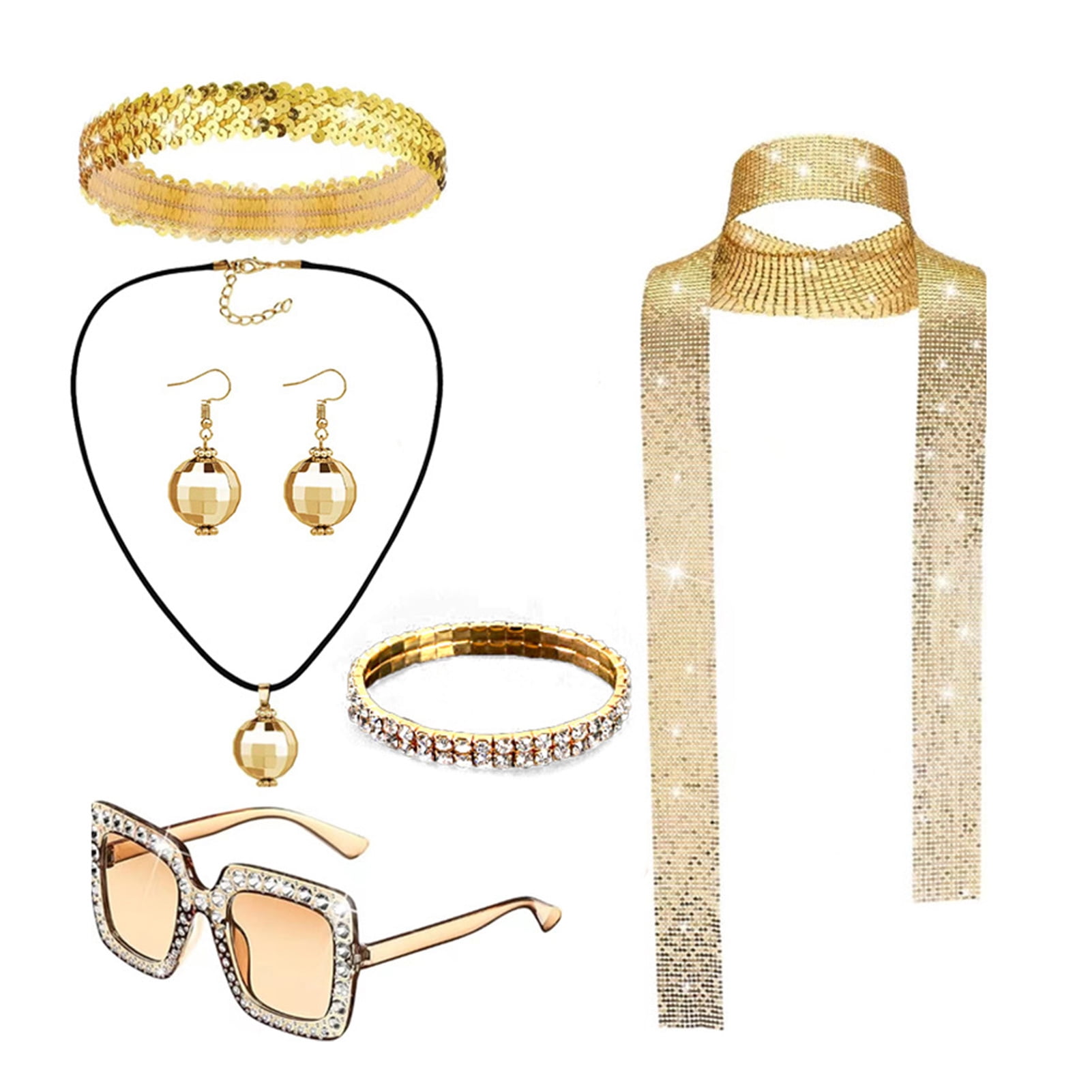 Women Costume Accessories Sequin Jewelry Set Earrings Glasses Headband Bracelet Disco Party ...