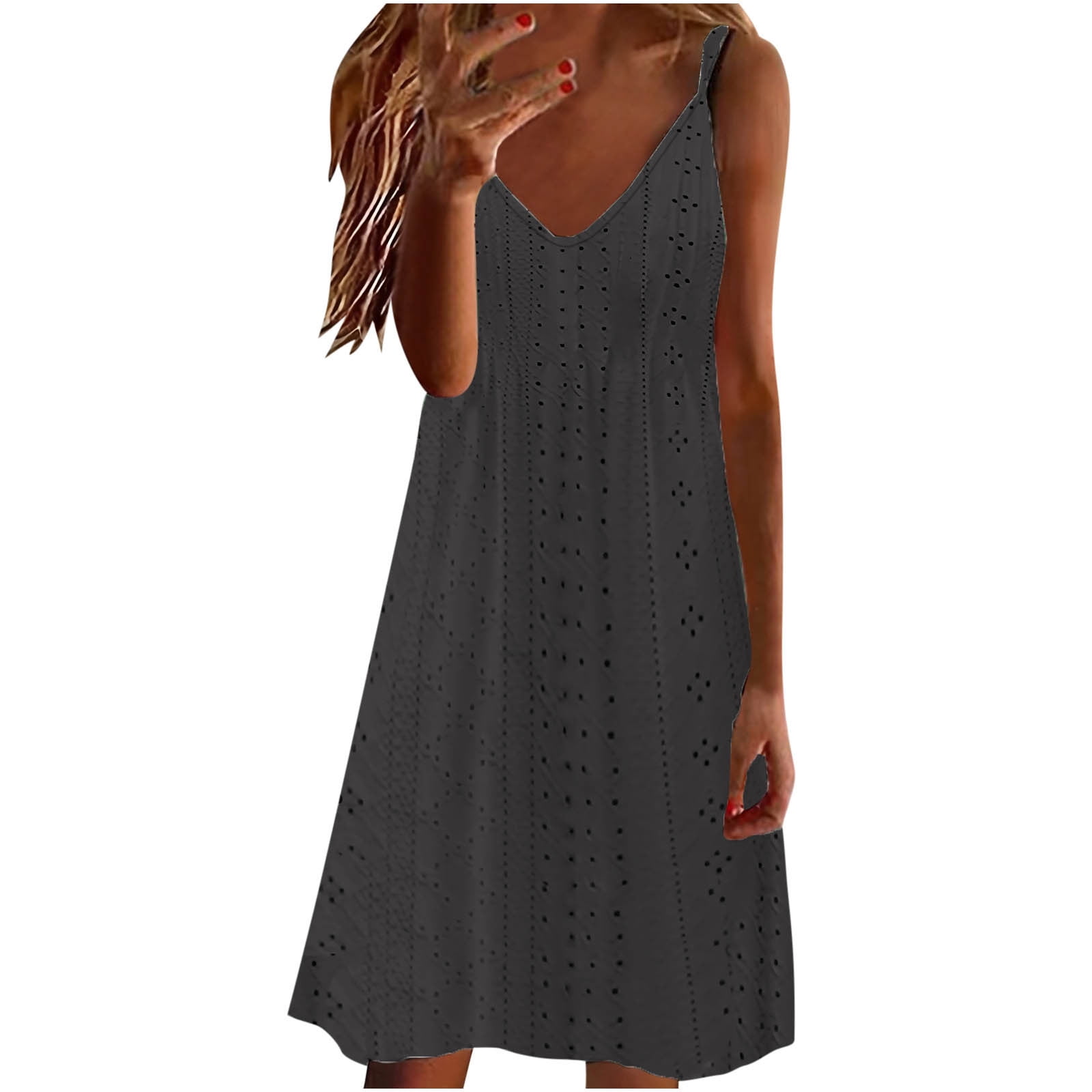 Women Hollow Eyelet Tank Dresses Vacation Beach Sling Dress V Neck ...